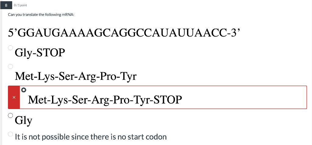Solved 5'GGAUGAAAAGCAGGCCAUAUUAACC-3' Gly-STOP | Chegg.com