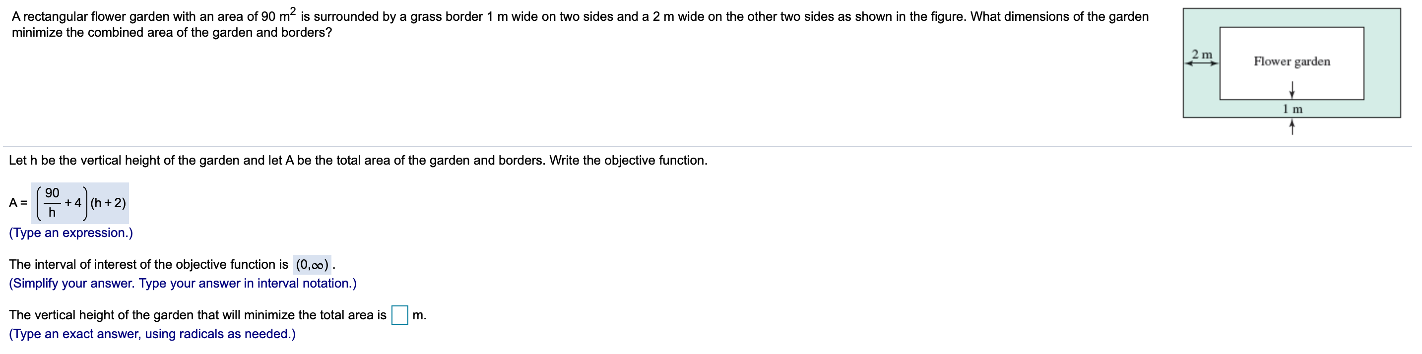 Solved A rectangular flower garden with an area of 90 m2 is | Chegg.com
