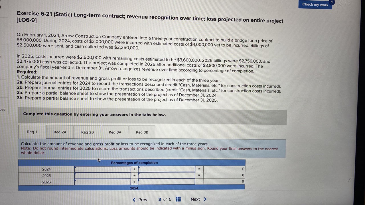 Solved Exercise 6-21 (Static) Long-term contract; revenue | Chegg.com
