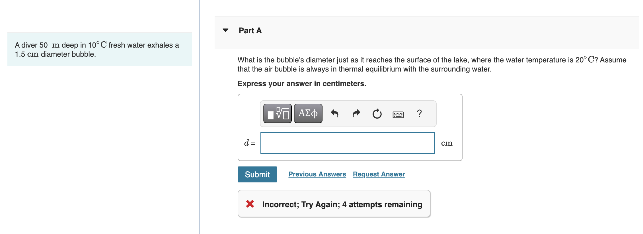 Solved A diver 50 ﻿m deep in 10°C ﻿fresh water exhales a1.5 | Chegg.com