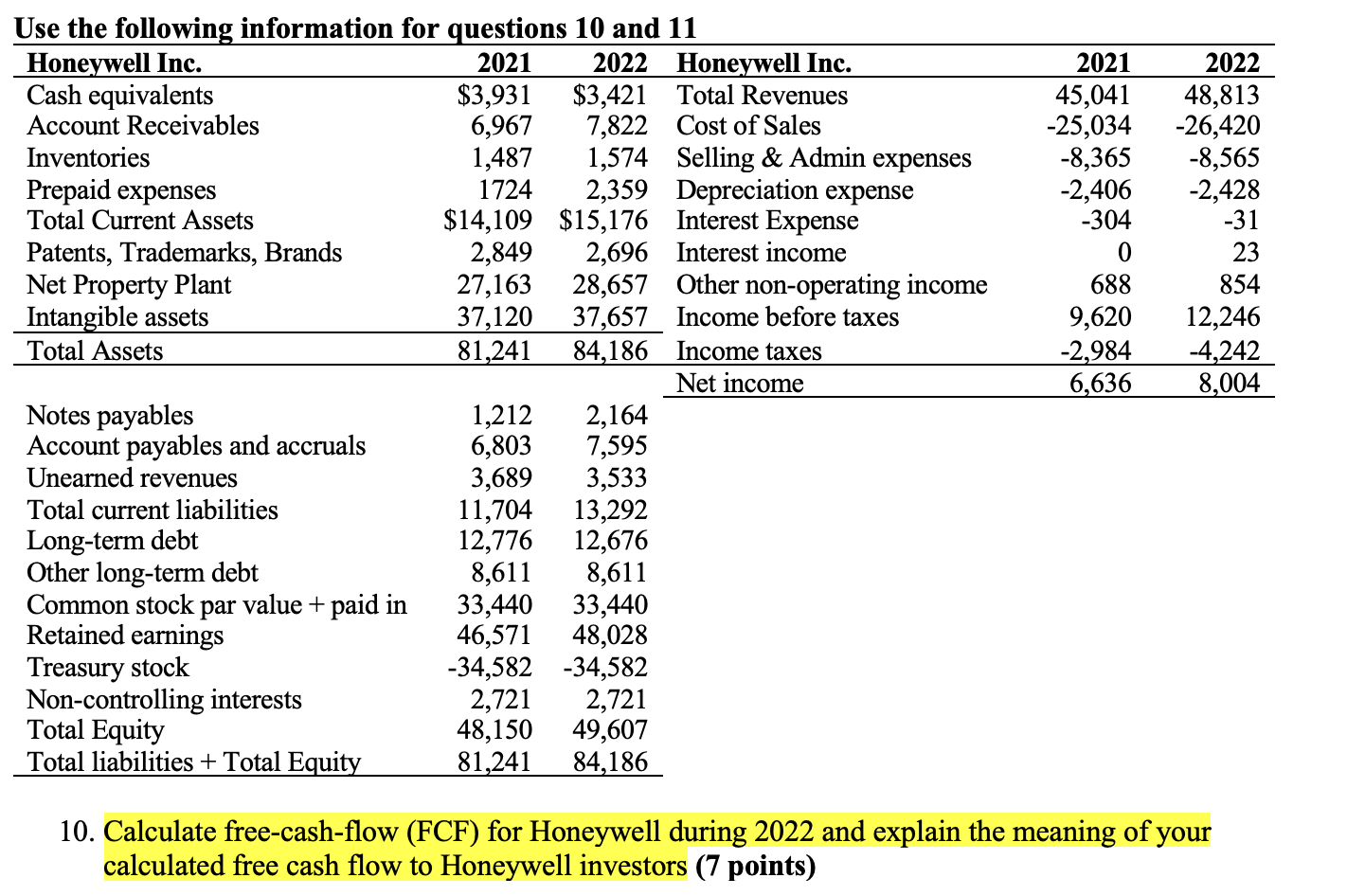 Solved 10. Calculate free-cash-flow (FCF) for Honeywell | Chegg.com