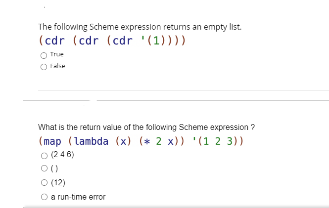Solved The following Scheme expression returns an empty | Chegg.com