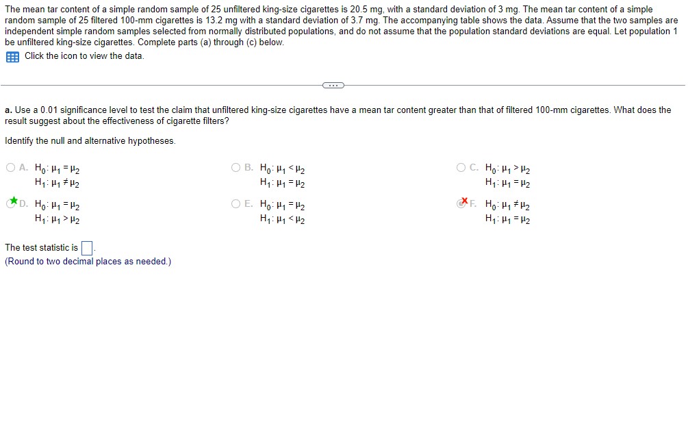 Solved The mean tar content of a simple random sample of 25 | Chegg.com
