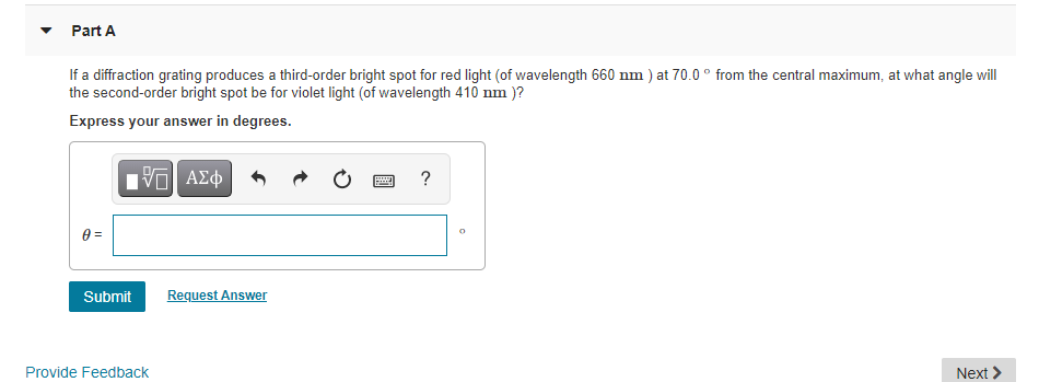 Solved Part A If a diffraction grating produces a | Chegg.com
