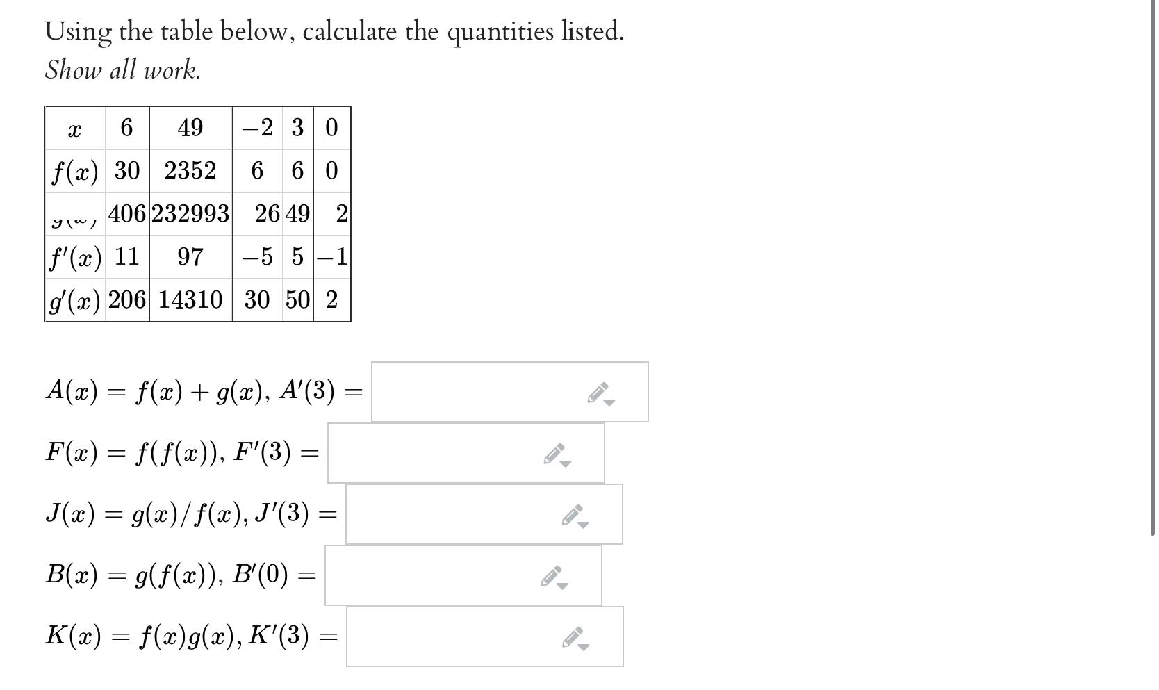 Solved Using the table below, calculate the quantities | Chegg.com