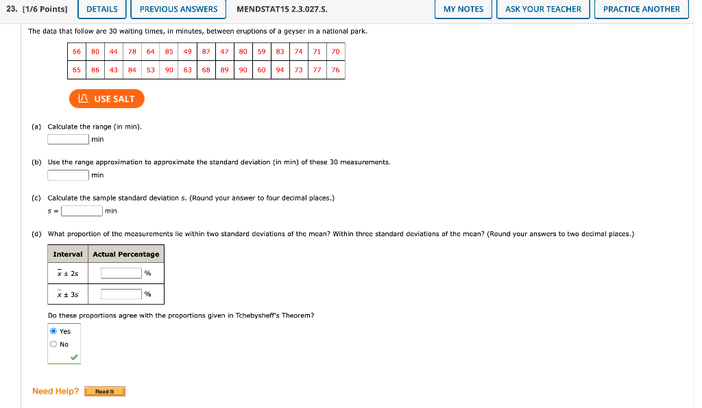 Solved 23. [1/6 Points] DETAILS PREVIOUS ANSWERS MENDSTAT15 | Chegg.com