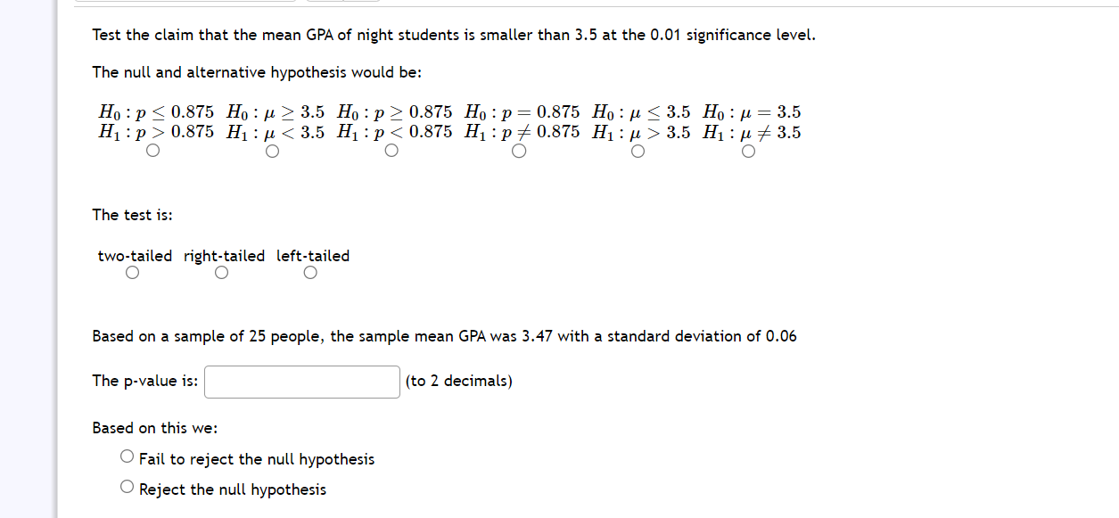 Solved Test the claim that the mean GPA of night students is | Chegg.com