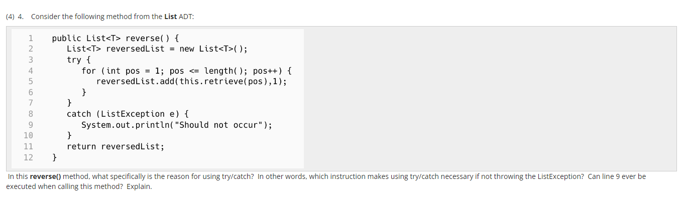 Solved (4) 4. Consider the following method from the List | Chegg.com