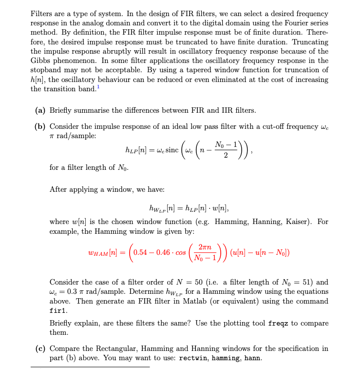 Solved Filters are a type of system. In the design of FIR | Chegg.com