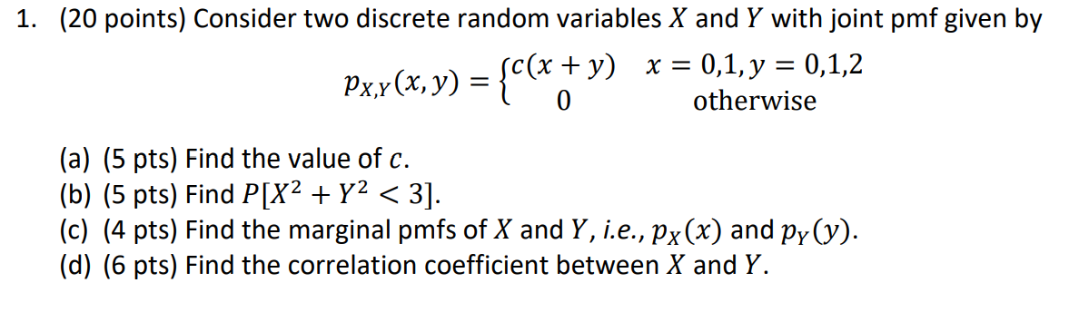 Solved 1. (20 points) Consider two discrete random variables | Chegg.com