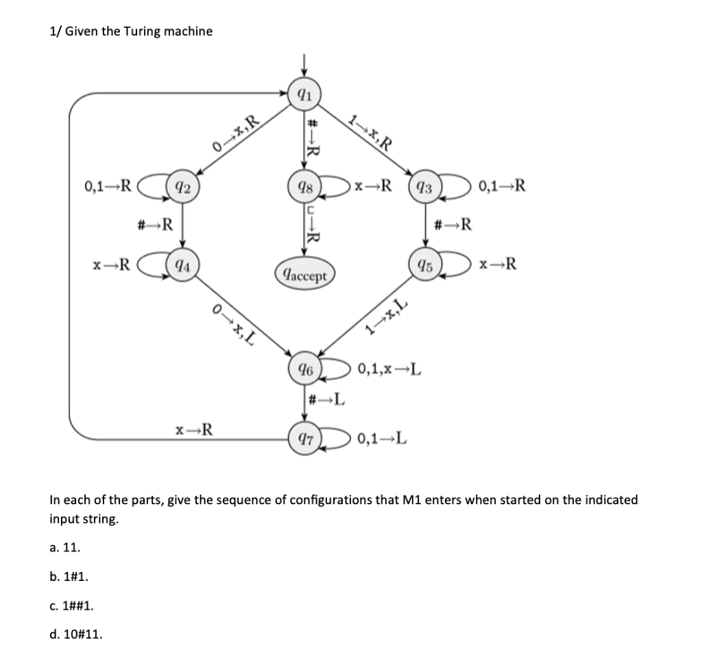 [Solved]: 1/ Given the Turing marhine In each of the parts