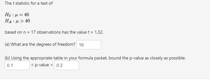 Solved The t statistic for a test of H0:μ=40HA:μ>40 based on | Chegg.com