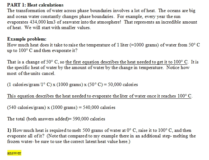 Solved PART 1: Heat calculations The transformation of water | Chegg.com