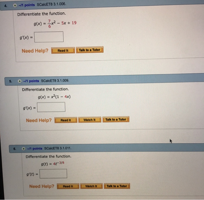 Solved 1. 1 points SCalcET8 3.1.003 Differentiate the | Chegg.com