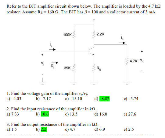 Solved Refer to the BJT amplifier circuit shown below. The | Chegg.com
