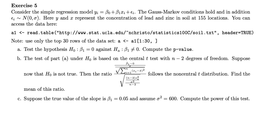 Solved Exercise 5 Consider the simple regression model yi = | Chegg.com
