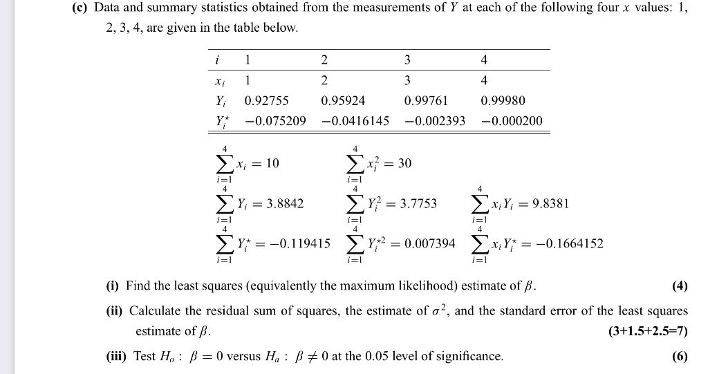 Solved (c) Data and summary statistics obtained from the | Chegg.com