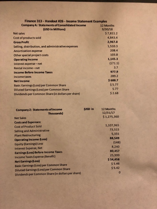 Solved Finance 313-Handout #26-Income Statement Examples | Chegg.com