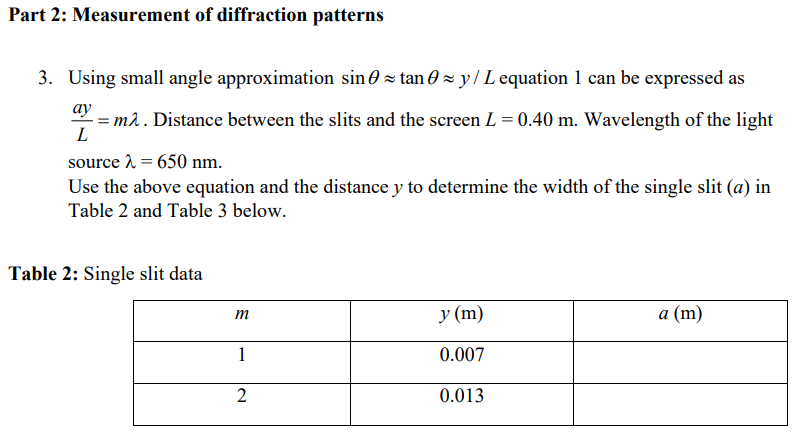 [Solved]: Part 2: Measurement of diffraction patterns Using