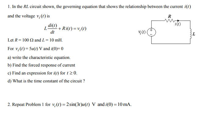 Solved 1. In the RL circuit shown, the governing equation | Chegg.com
