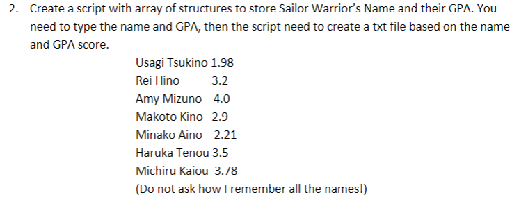 Solved 2. Create a script with array of structures to store | Chegg.com
