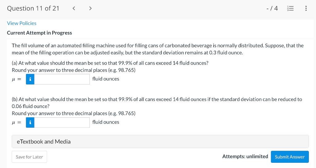 Solved Question 11 The fill volume of an automated filling | Chegg.com