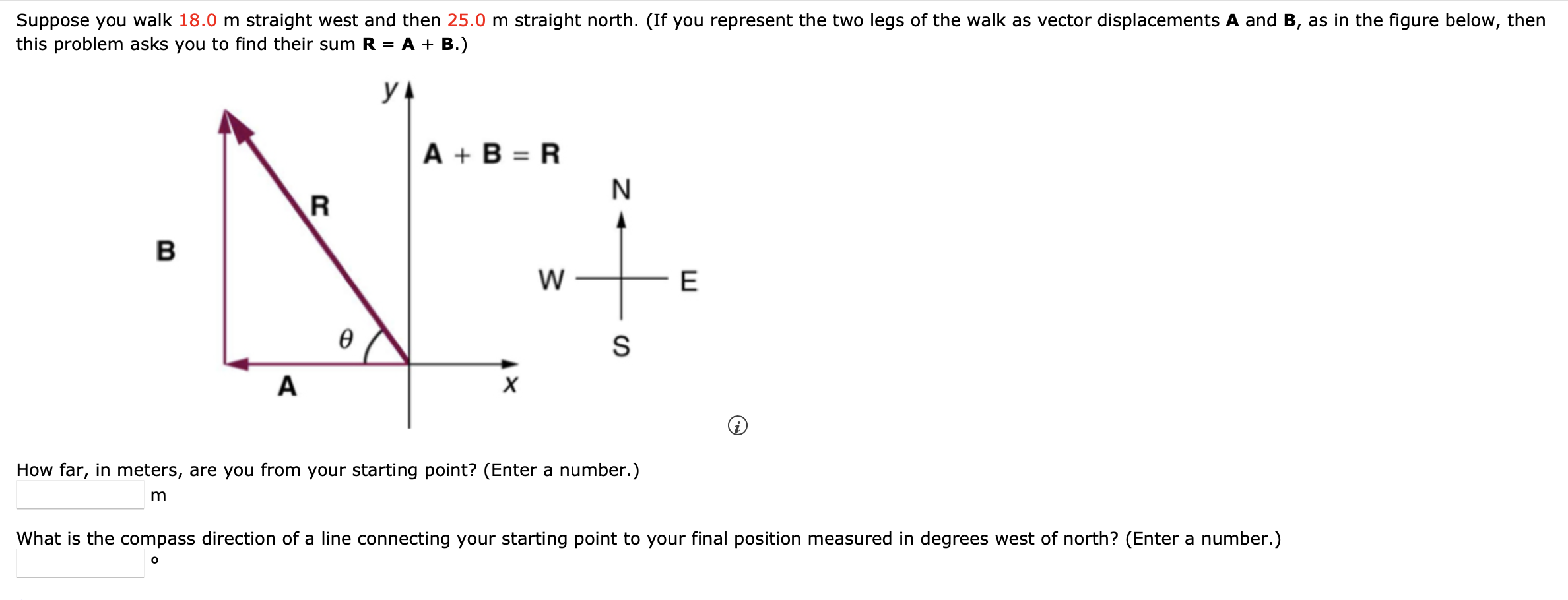 Solved Suppose you walk 18.0m ﻿straight west and then 25.0m | Chegg.com