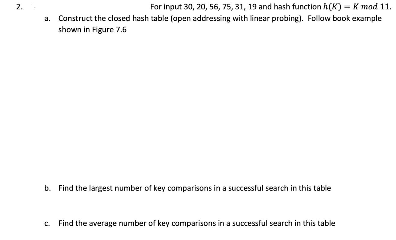 Solved For input 30,20,56,75,31,19 and hash function | Chegg.com
