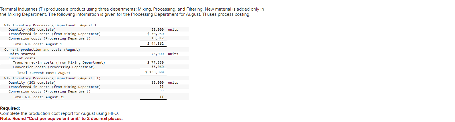 Solved Terminal Industries (TI) produces a product using | Chegg.com