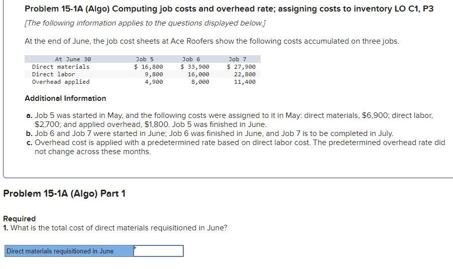 Solved Problem 15-1A (Algo) Computing job costs and overhead | Chegg.com