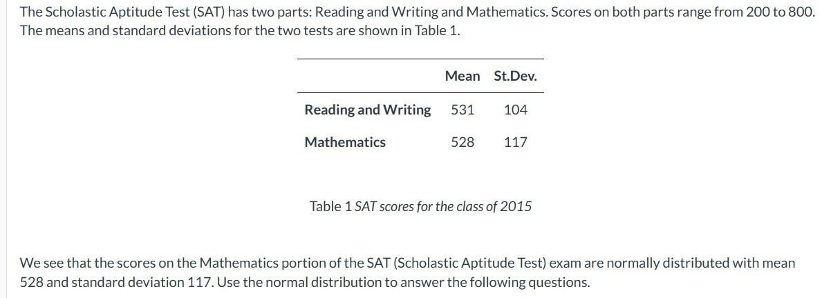 Solved The Scholastic Aptitude Test (SAT) has two parts: | Chegg.com