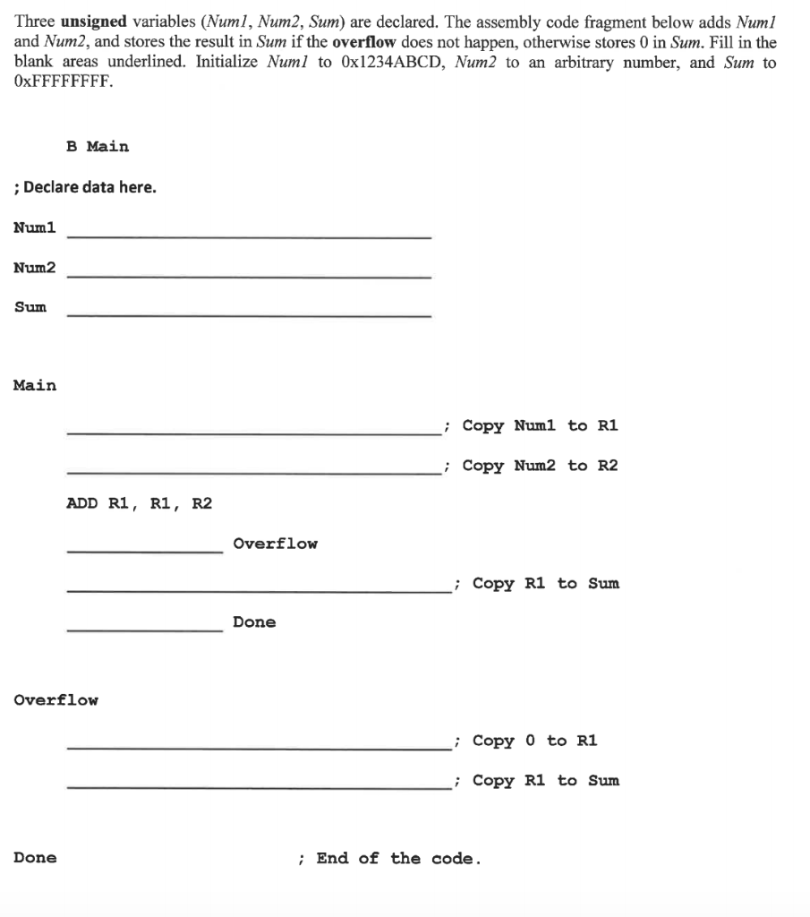 Three unsigned variables (Num1, Num2, Sum) are | Chegg.com