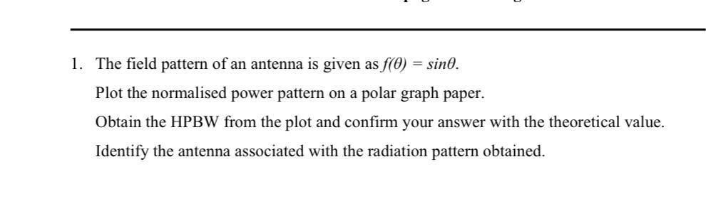 = 1. The field pattern of an antenna is given as fO) | Chegg.com