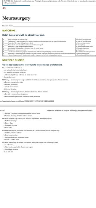 36 Neurosurgery MATCHING Match the surgery with its | Chegg.com