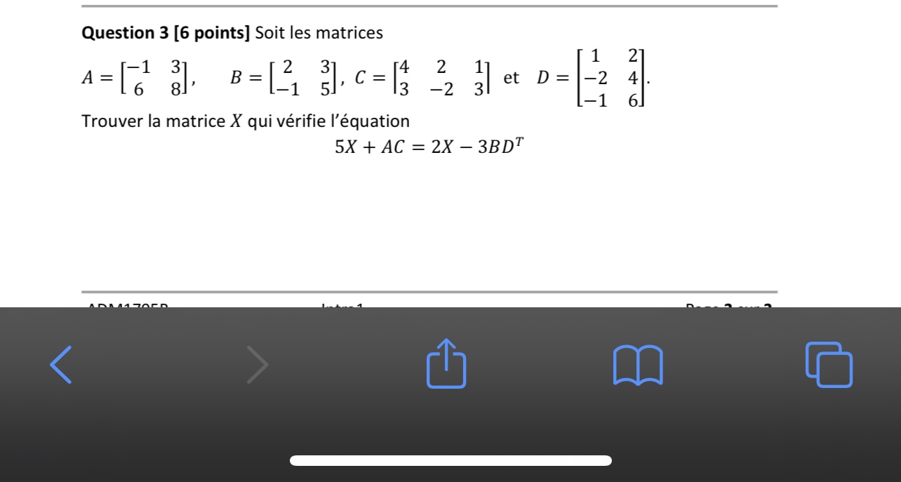Solved Question 3 [6 points] Soit les matrices | Chegg.com