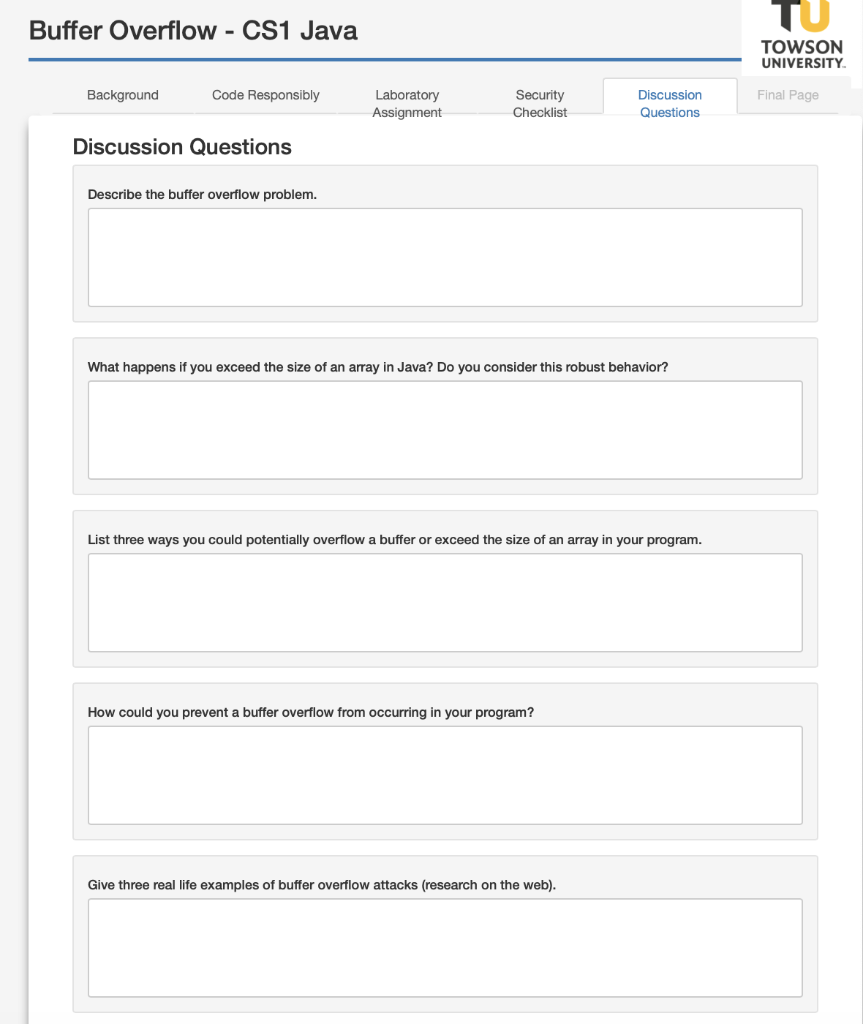 Solved TU Buffer Overflow - CS1 Java TOWSON UNIVERSITY | Chegg.com