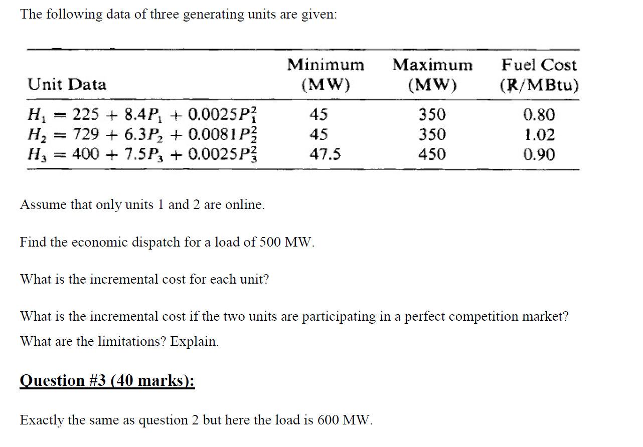 Solved The following data of three generating units are | Chegg.com