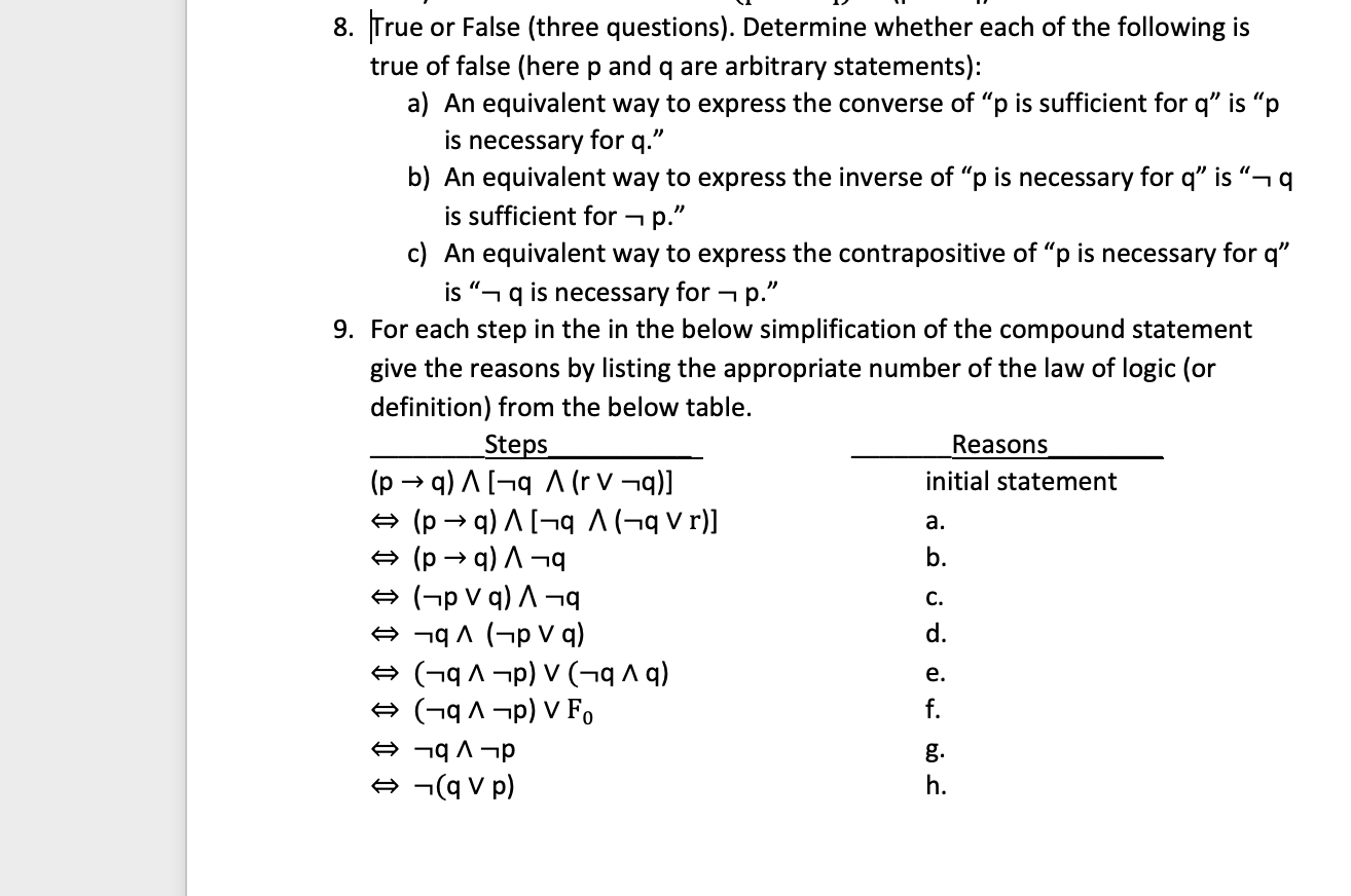 Solved 8. True or False (three questions). Determine whether | Chegg.com
