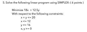Solved 5. Solve the following linear program using SIMPLEX: | Chegg.com
