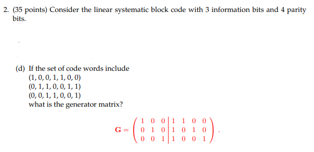 2. ( 35 points) Consider the linear systematic block | Chegg.com