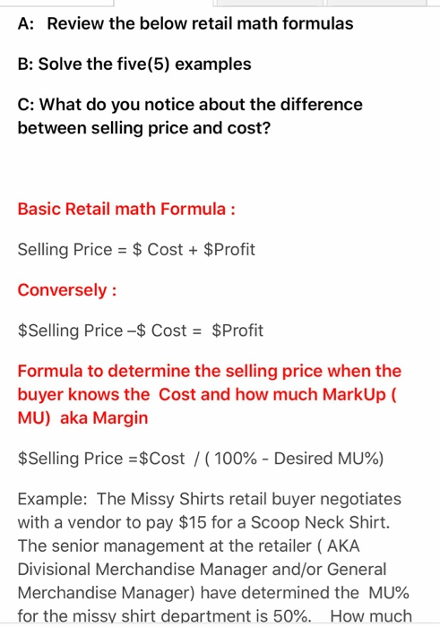 Solved A Review The Below Retail Math Formulas B Solve The Chegg