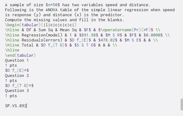 Solved A sample of size $n=50$ has two variables speed and | Chegg.com