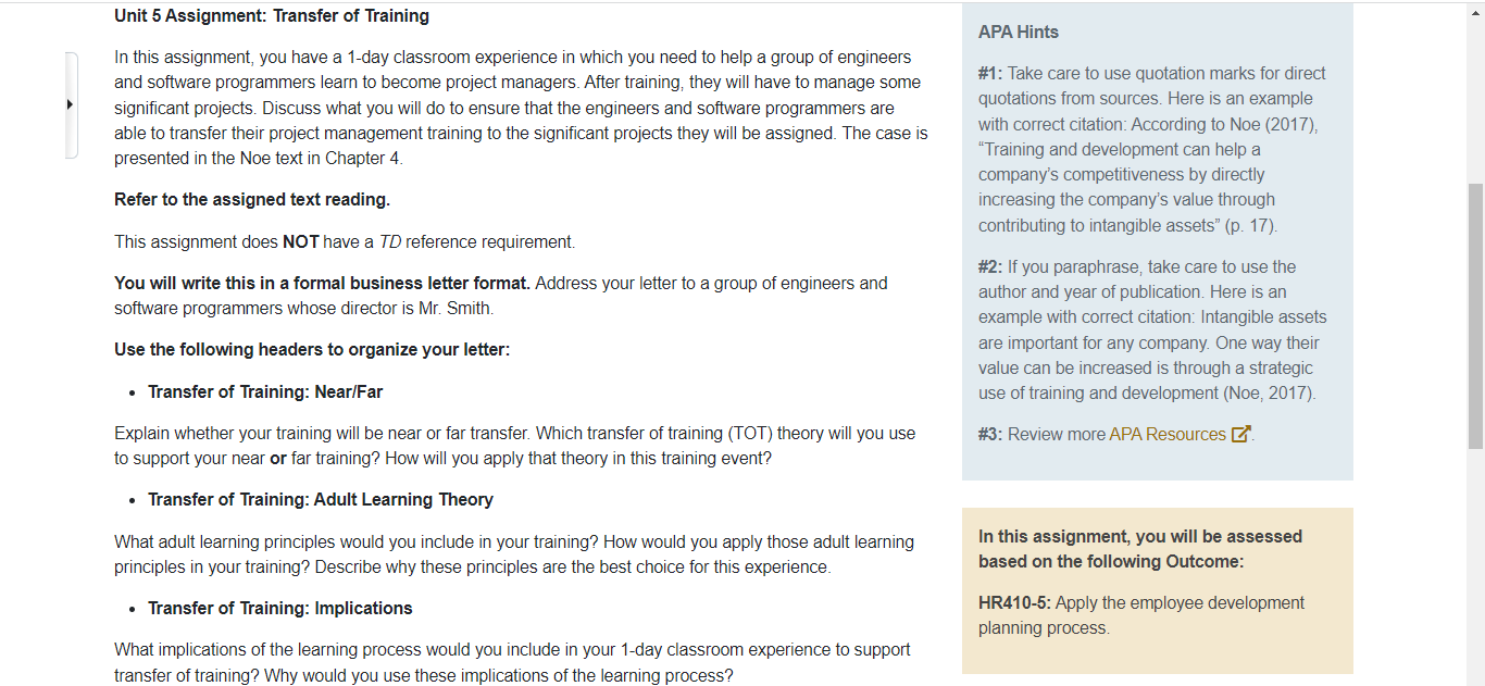 Unit 5 Assignment: Transfer of Training APA Hints In | Chegg.com