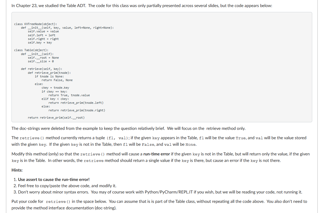 Solved In Chapter 23, we studied the Table ADT. The code for | Chegg.com