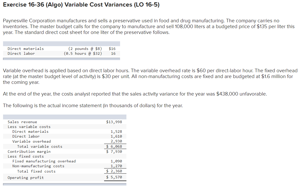 Solved Exercise 16-36 (Algo) Variable Cost Variances (LO | Chegg.com