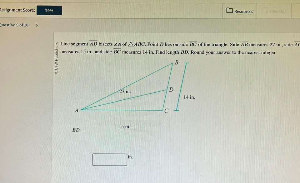 Solved Question 9 of 10> Line segment AD bisects ∠A of ABC. | Chegg.com