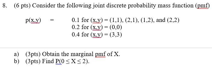 Solved 8. (6 pts) Consider the following joint discrete | Chegg.com