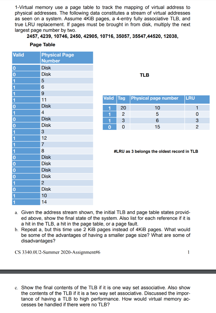 1-Virtual memory use a page table to track the | Chegg.com