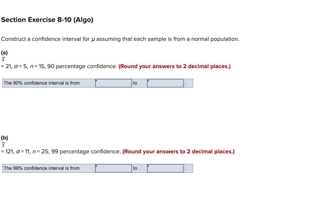 Solved Section Exercise 8-10 (Algo) Construct a confidence | Chegg.com