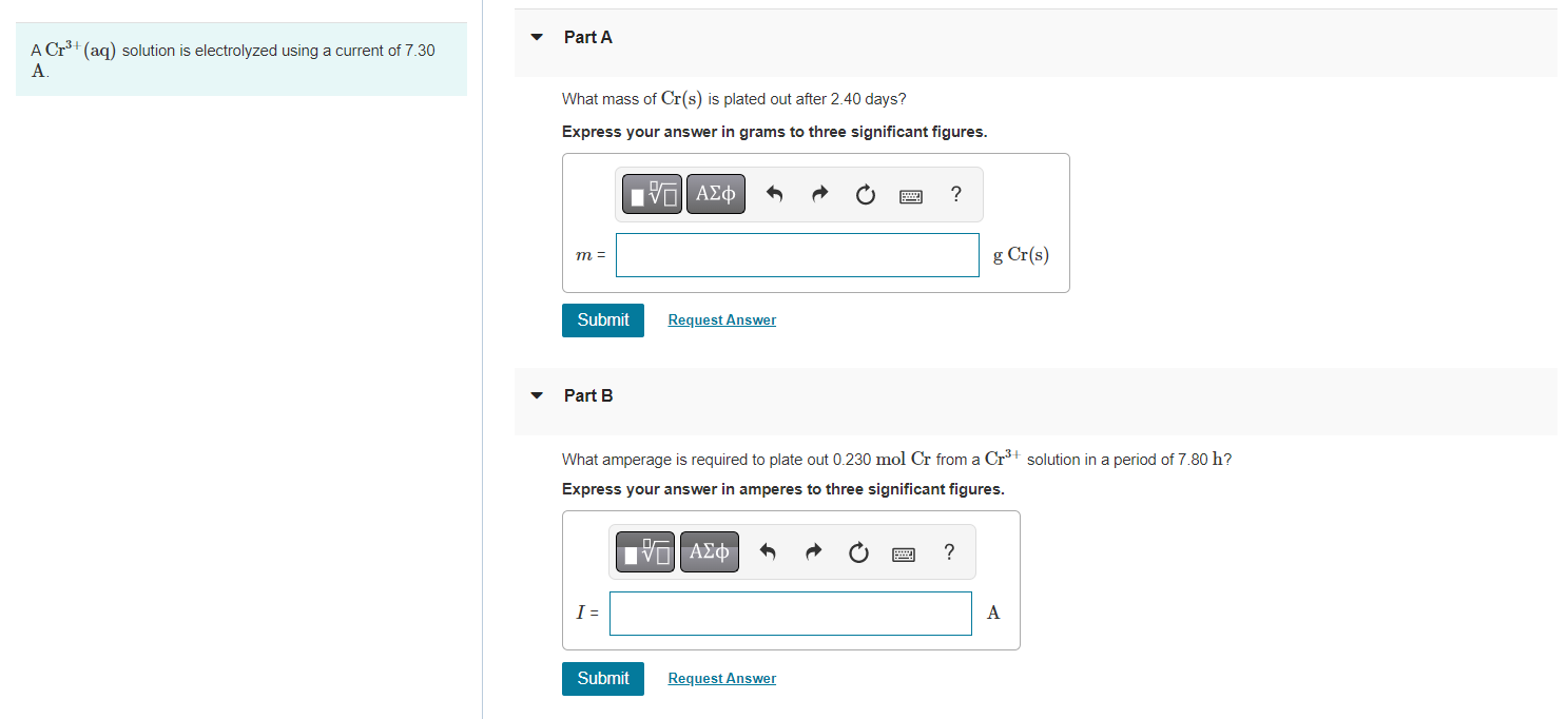 Solved ACr3+(aq) solution is electrolyzed using a current of | Chegg.com